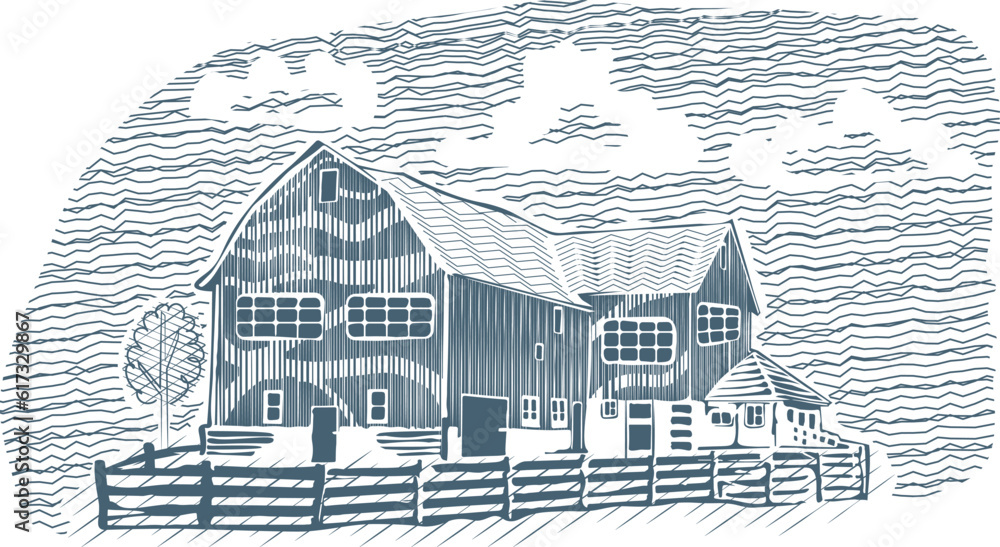 Countryside landscape composition drawing in woodcut style with farm ...