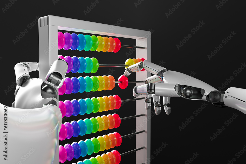 Robot using an abacus. Artificial intelligence makes arithmetical ...
