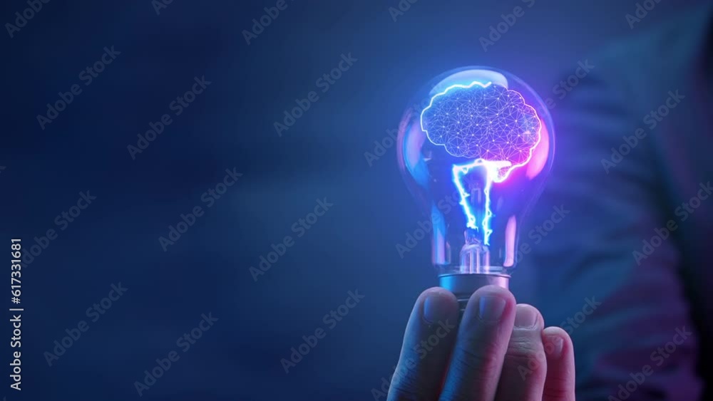 Businessman shows AI brain in glowing light bulb, Artificial ...