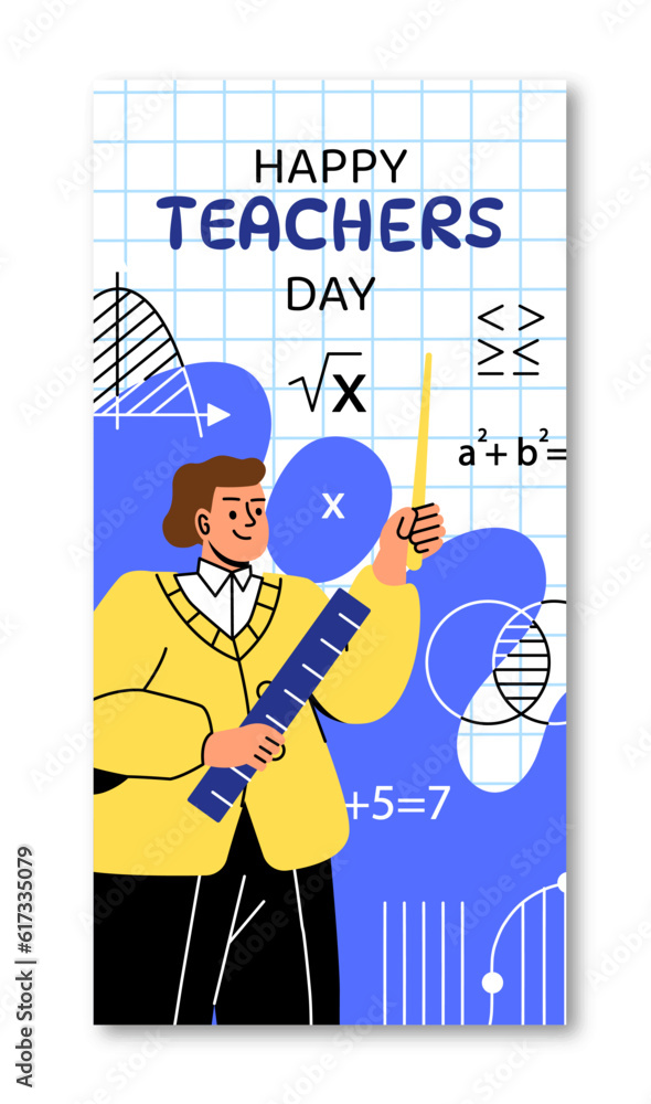 Happy teachers day poster concept. Man with ruler and pointer looks at ...