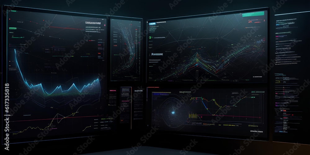 monitors with graphs, a display with data analysis and information, analytics and infographics ...