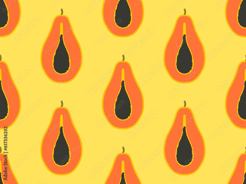 Papaya seamless pattern on a yellow background. Half cut papaya with ...