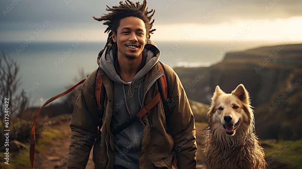 A man with dreadlocks and his loyal canine companion stand atop a ...