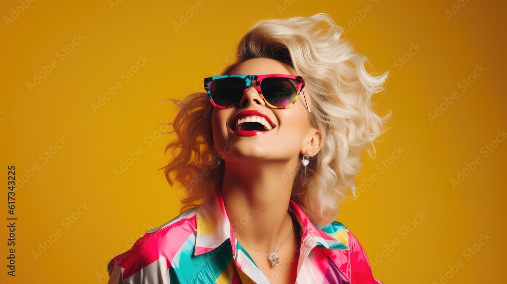 Blond young happy woman laughing wearing 80s fashion in Stylish woman ...