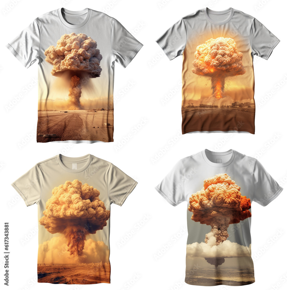 Collection of four white T-shirts with an image of a nuclear explosion ...