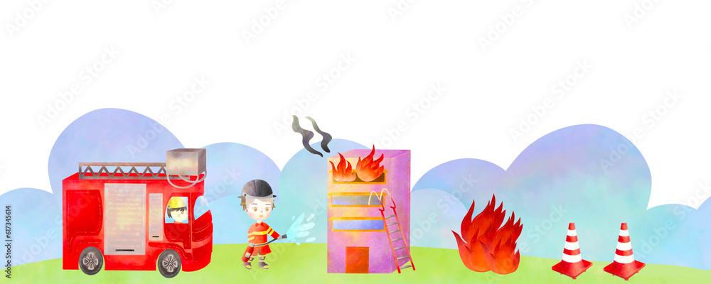 Watercolor seamless border with cartoon firefighters extinguishing the ...