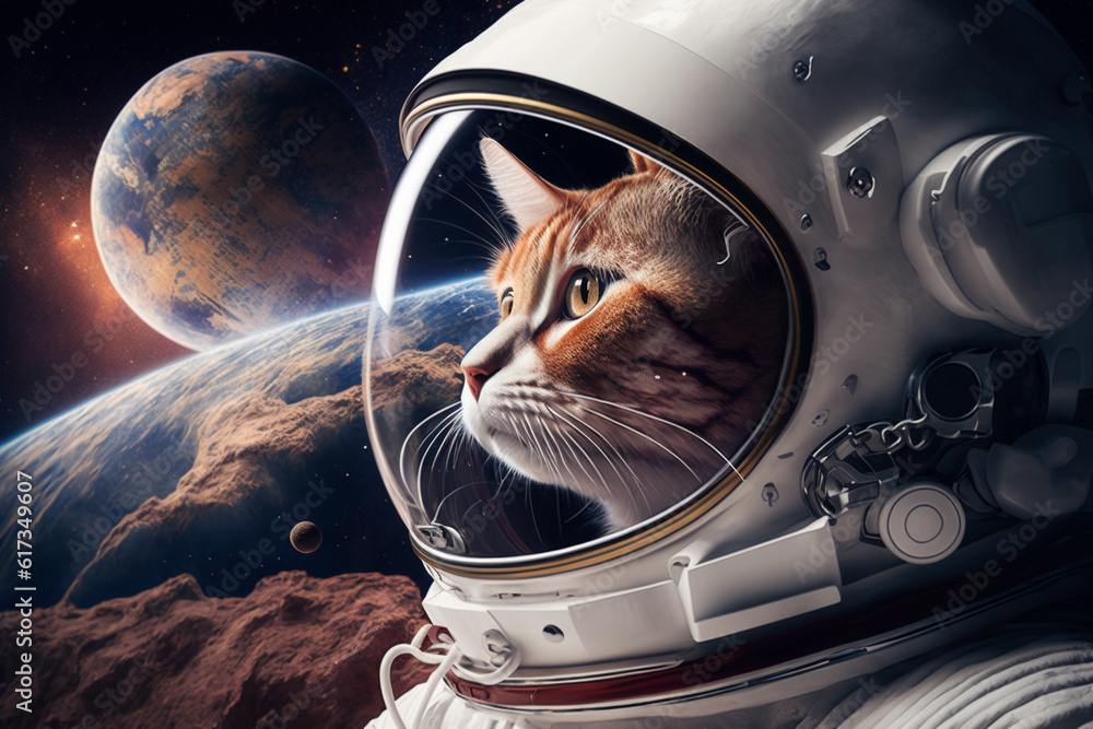 Cat at spacewalk. Cosmic art, science fiction wallpaper. Beauty of deep ...