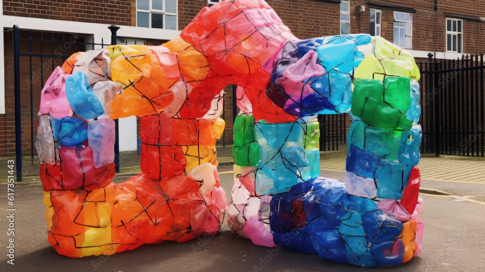 An abstract sculpture made from discarded plastic containers ...