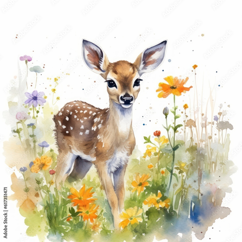 Zauberhafte Wasserfarben-Illustration eines Rehkitzes auf einer ...