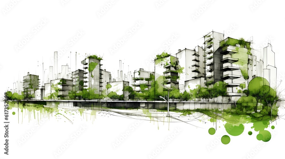 Sustainable urban design project concept. Green cityscape, including ...