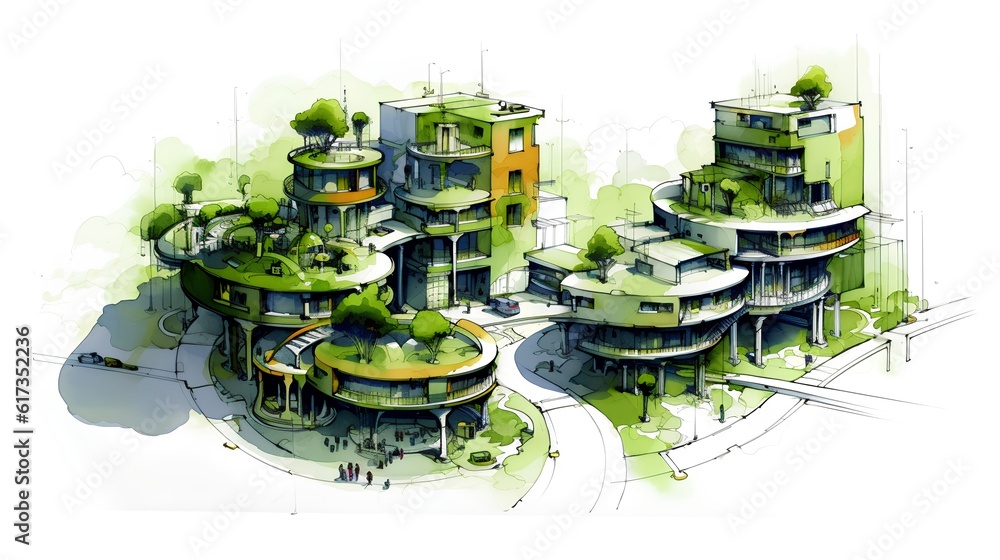 Sustainable urban design project concept. Green cityscape, including ...