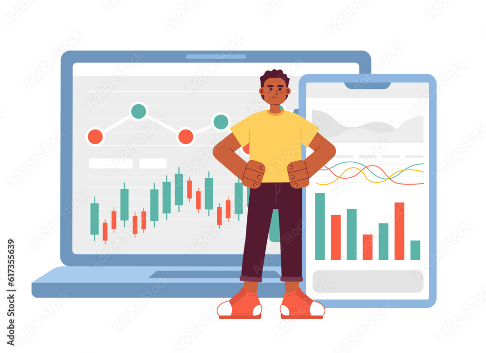 Businessman 2D vector isolated spot illustration. Investor show laptop ...