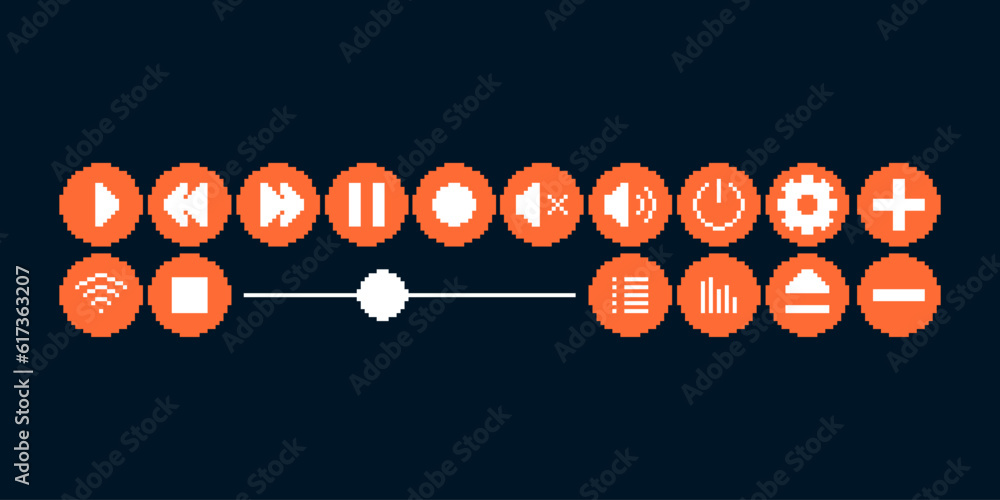 simple flat pixel art set of red media player icons for audio or video ...