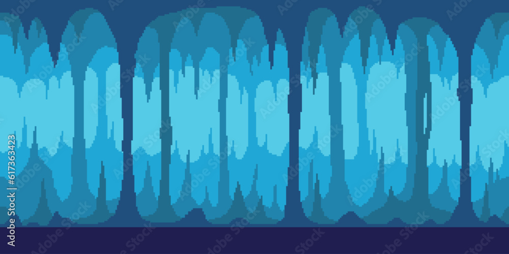 Poster Colorful simple vector pixel art horizontal illustration of blue ...