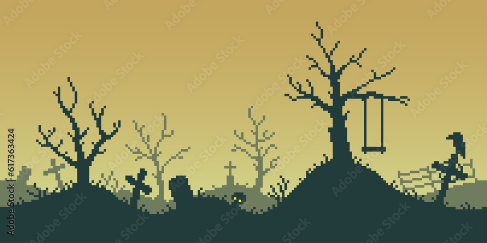 Colorful simple vector pixel art horizontal illustration of cemetery ...