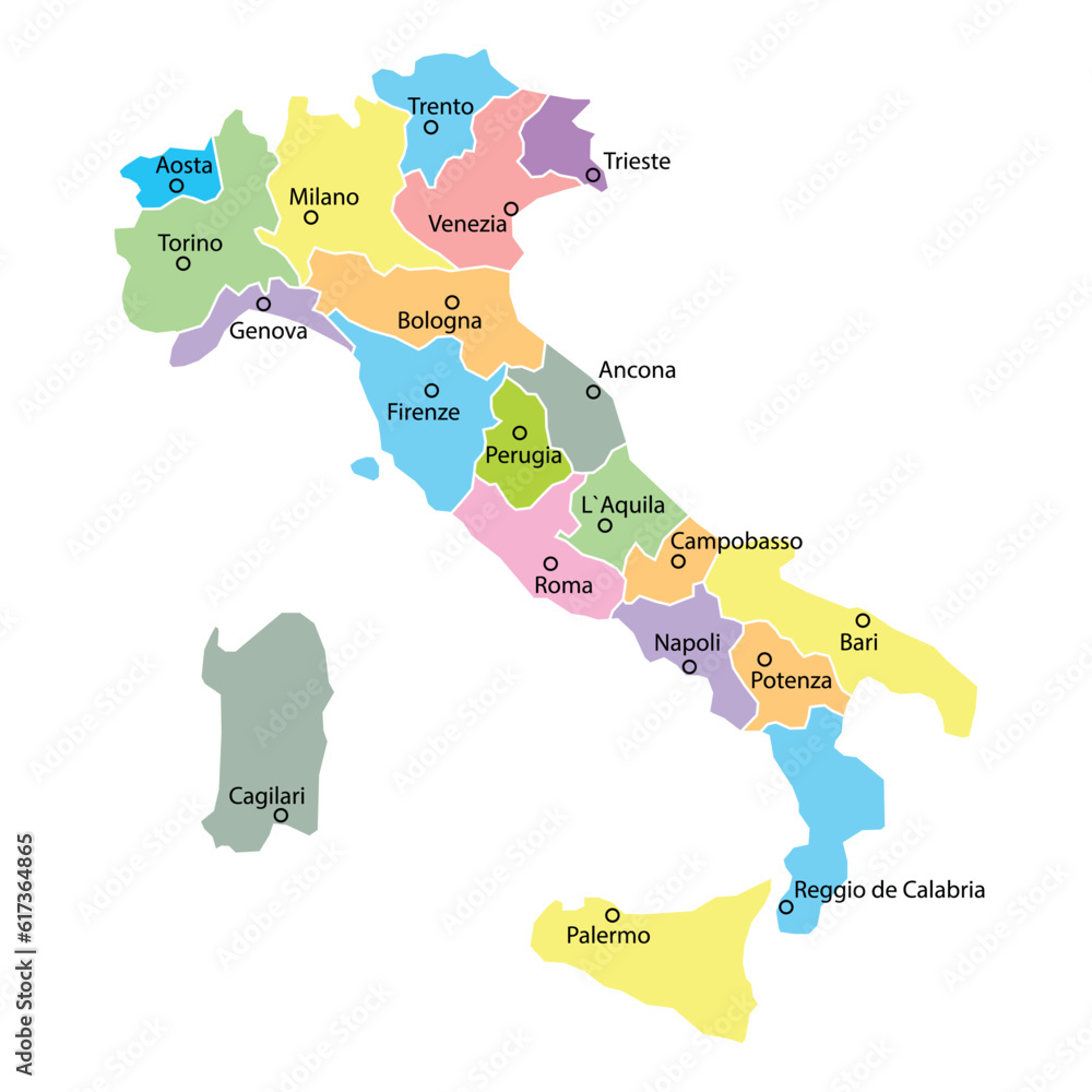 Italy map background with regions and region names in color. Italy map ...