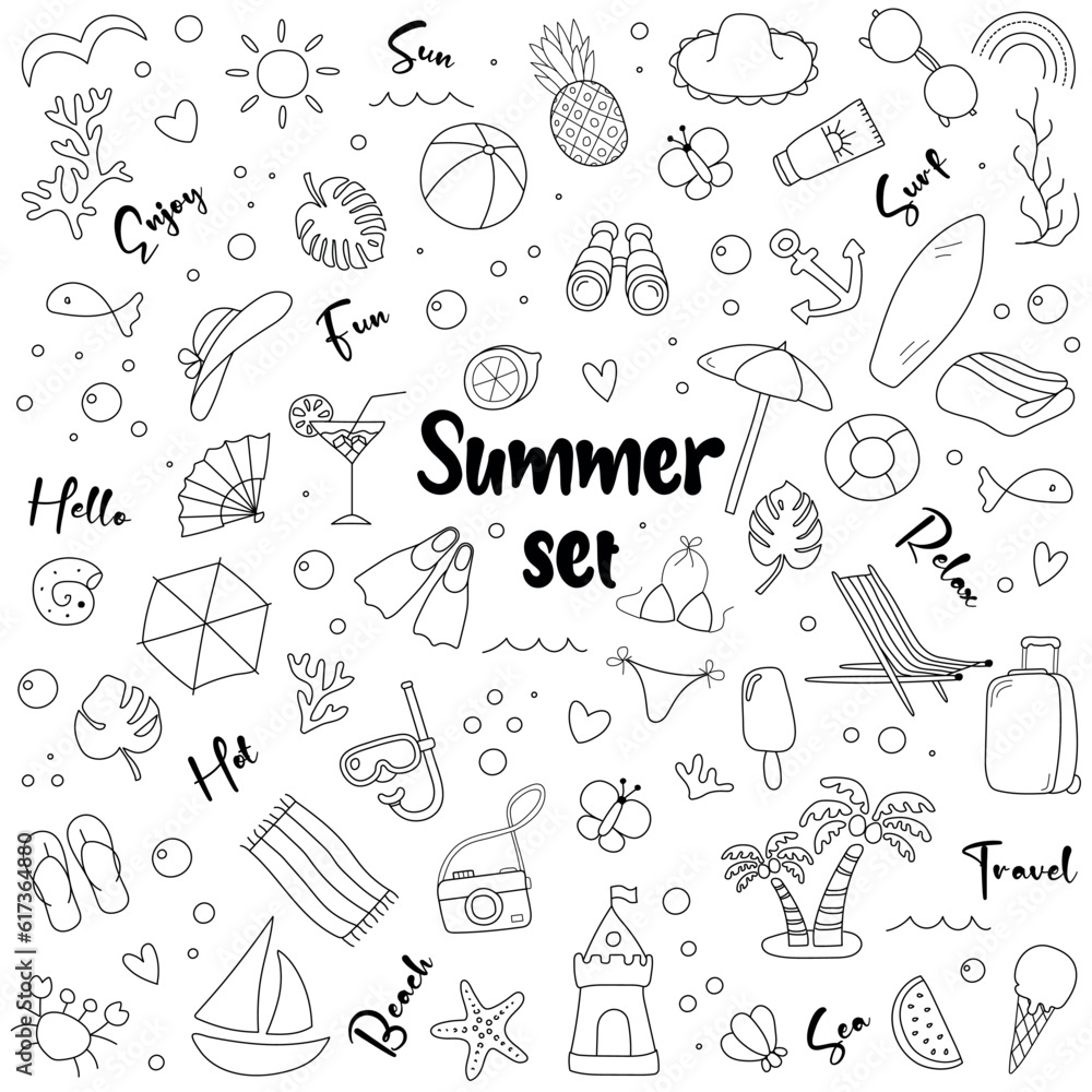 Big summer set. Cute doodle icon collection and design elements on ...