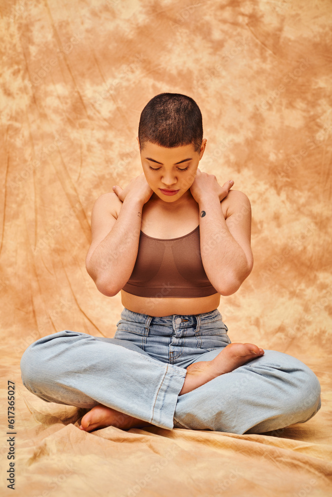 body confidence, relaxation, curvy young and tattooed woman in jeans ...
