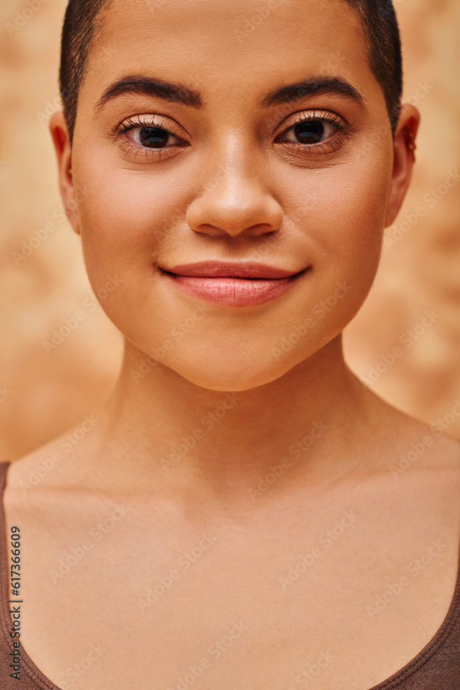 natural look, self-acceptance, young woman with short hair posing on ...