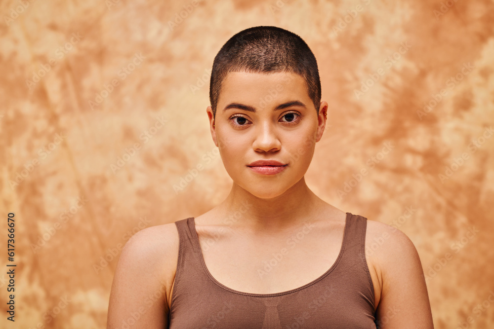 natural look, self-acceptance, young woman with short hair posing on ...