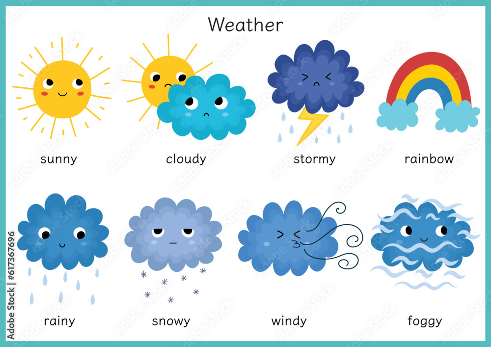 Cute weather character set for kids. Funny sun, clouds, rainbow clipart ...