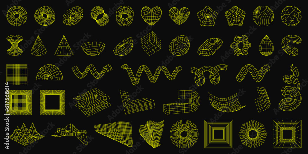 Set of wireframe 3D geometric shapes. Wire frame abstract figures ...