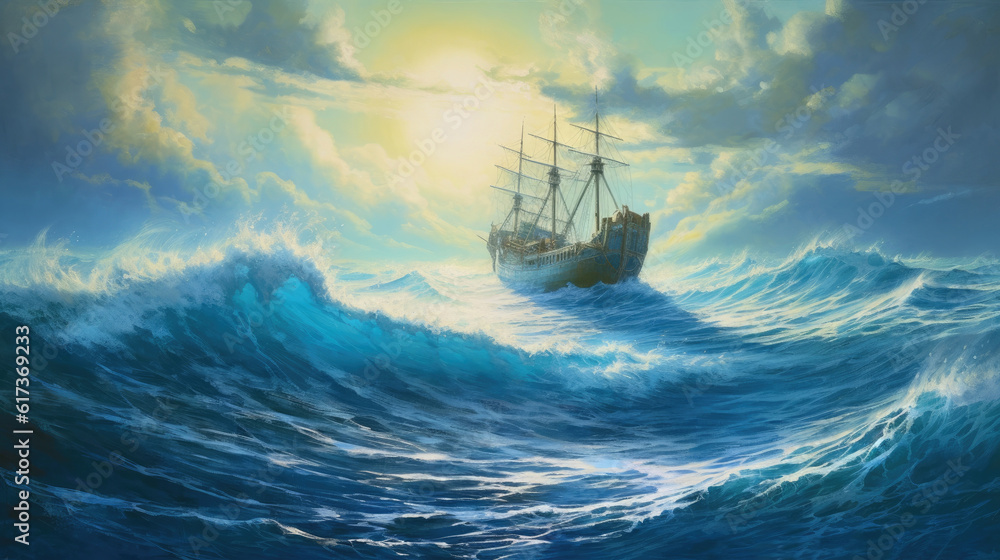 Storm in the open raging sea, an old sailing ship, massive waves ...