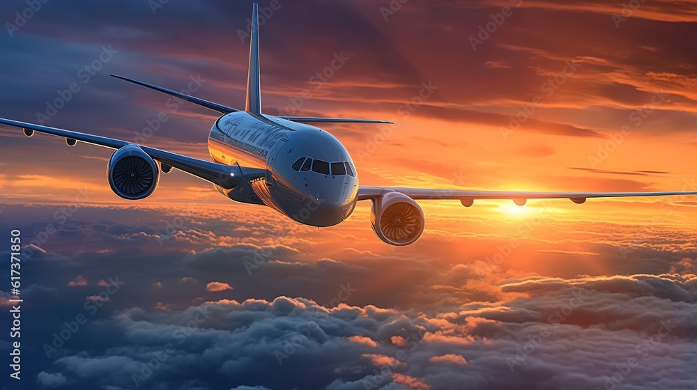 Airplane flying above clouds in dramatic sunset light. Travel and ...