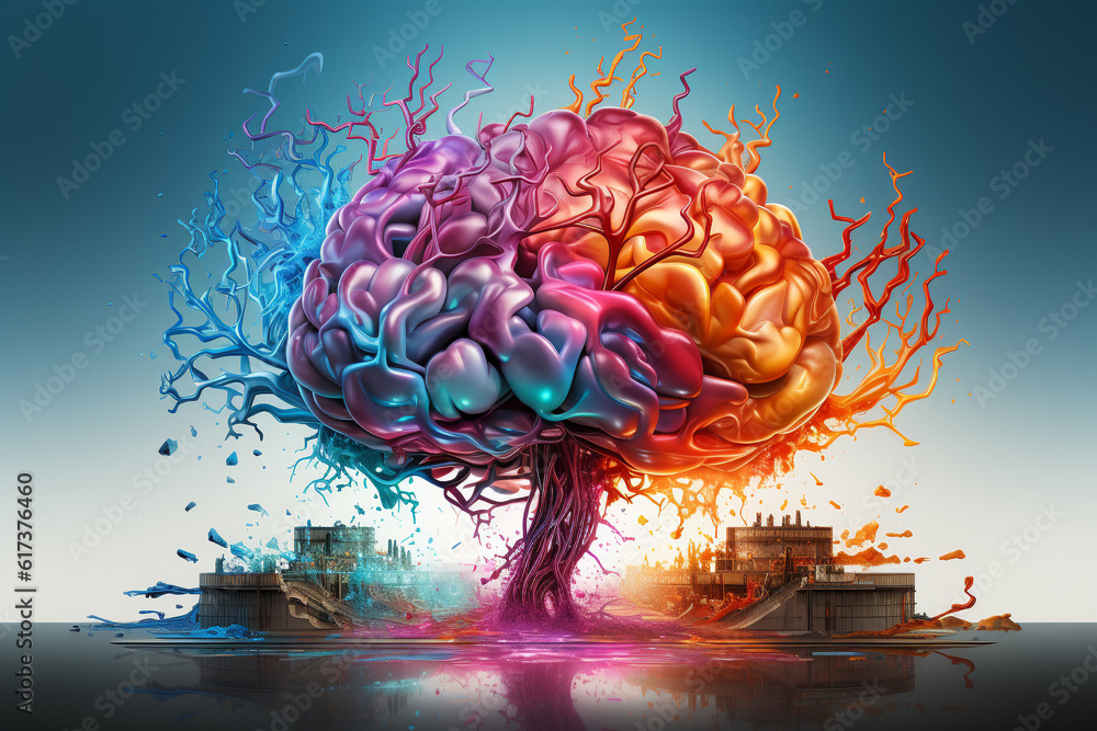Concept art of a human colorful brain exploding with knowledge,emotins ...
