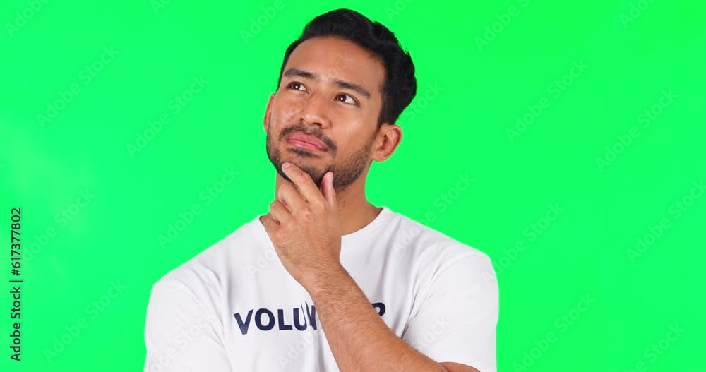 Thinking, idea and man in a studio with green screen for dreaming ...