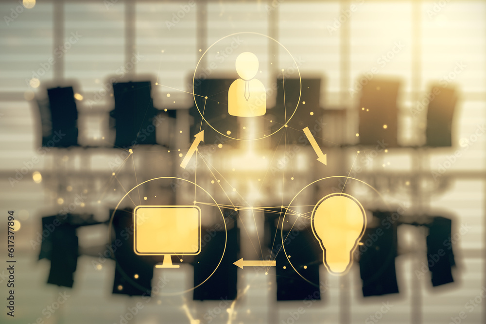 Double exposure of social network icons hologram on a modern boardroom ...