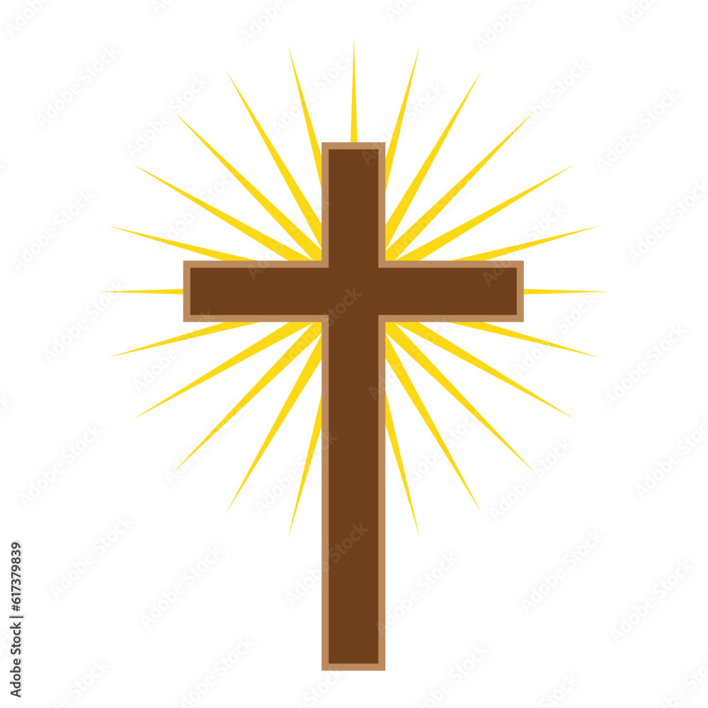 Brown cross with shining light on a white background. A symbol of the ...