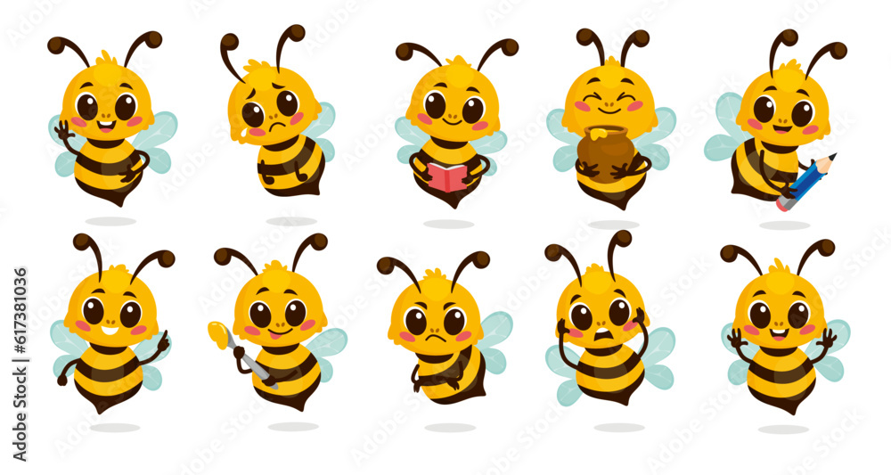 Set of cute cartoon bee characters isolated on white background ...