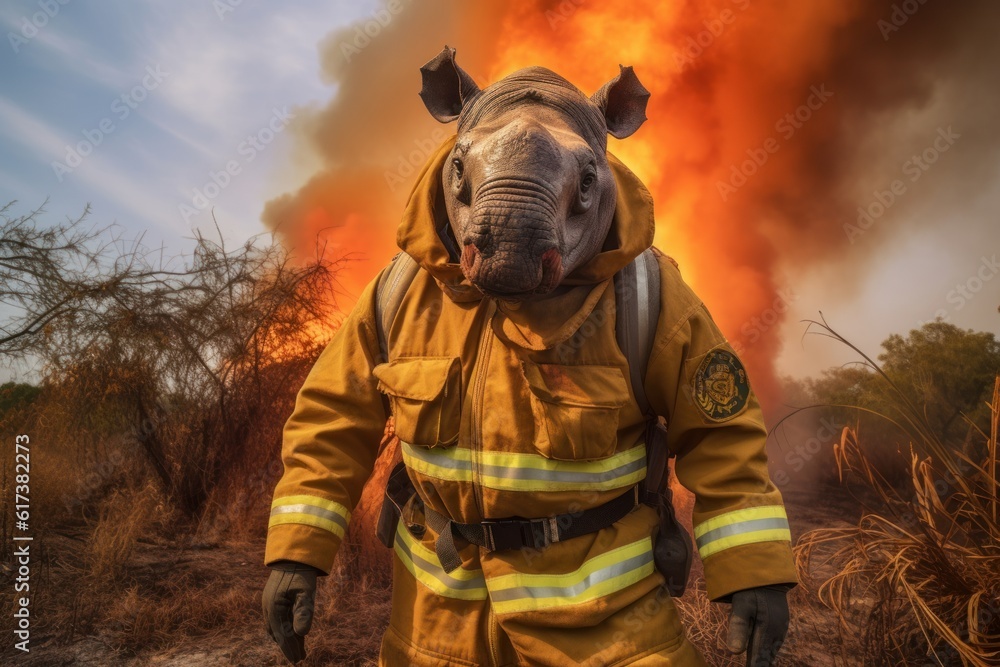 Rhinoceros firefighter puts out a large fire in the savannah in full ...