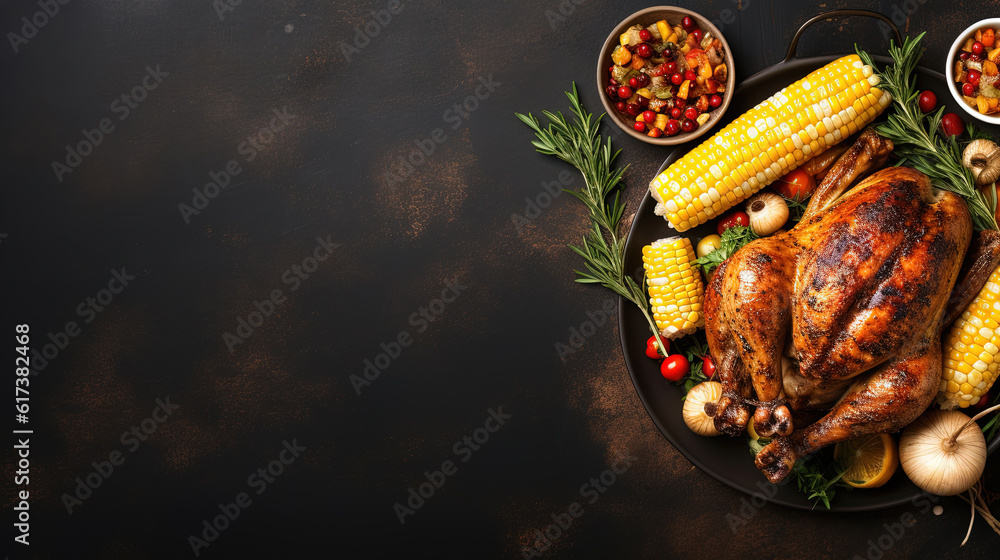 Thanksgiving Homemade Roasted Turkey. Top view flat lay background ...