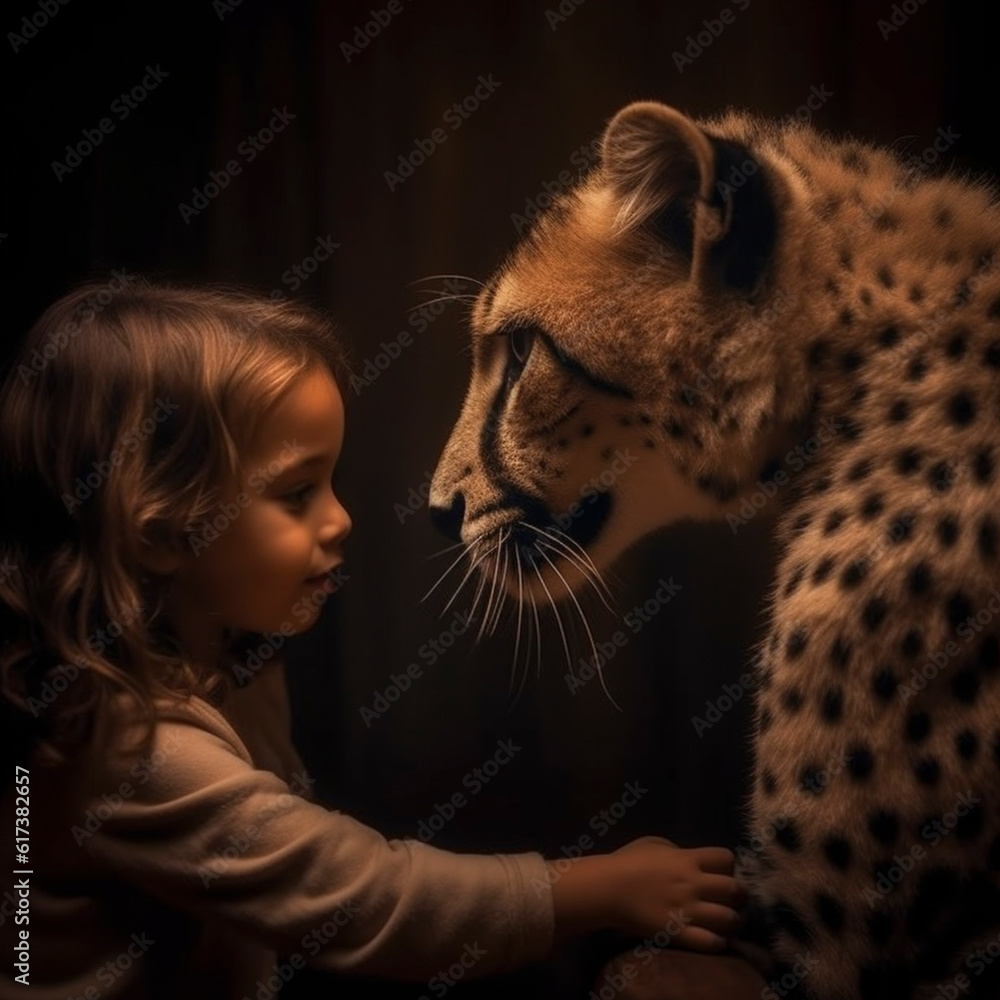 Profile of a fearless Child gently touching the face of a peacfull very ...