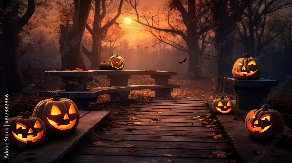 Generative AI illustration of a spooky forest sunset with a haunted evil glowing eyes of Jack O ...