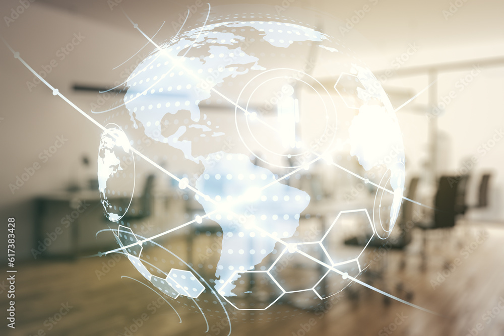 Virtual social network hologram and world map on a modern furnished ...