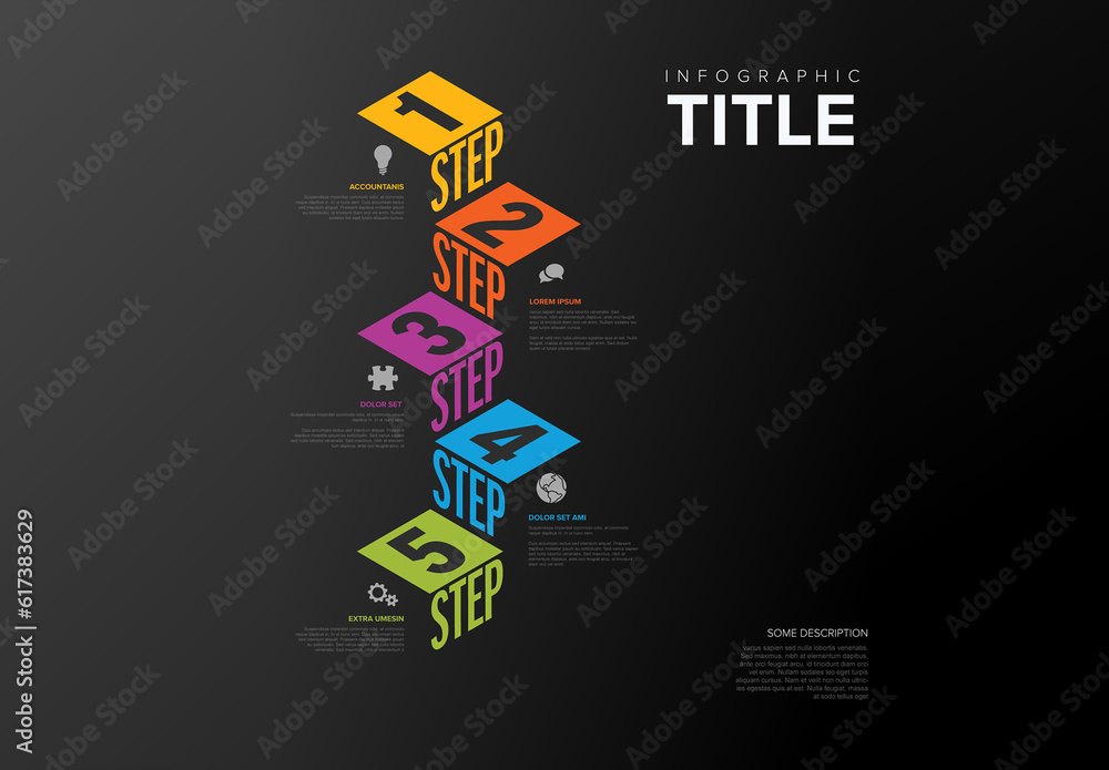 Dark Infogrpahic vertical five steps diagram template for workflow ...