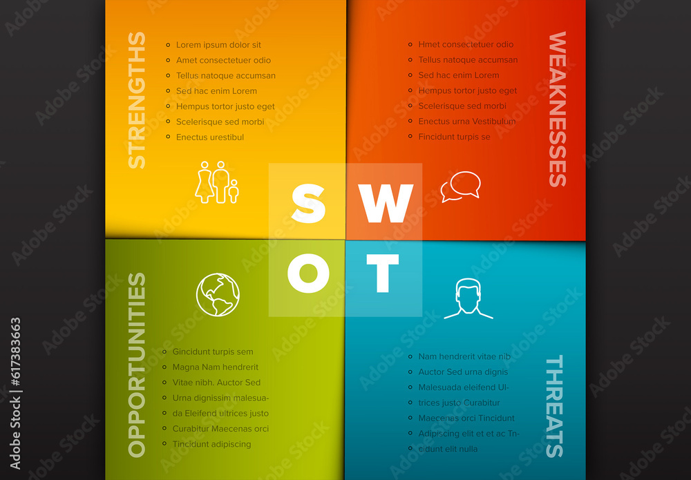 Color SWOT Diagram Schema Template On Four Color Squares Stock Template