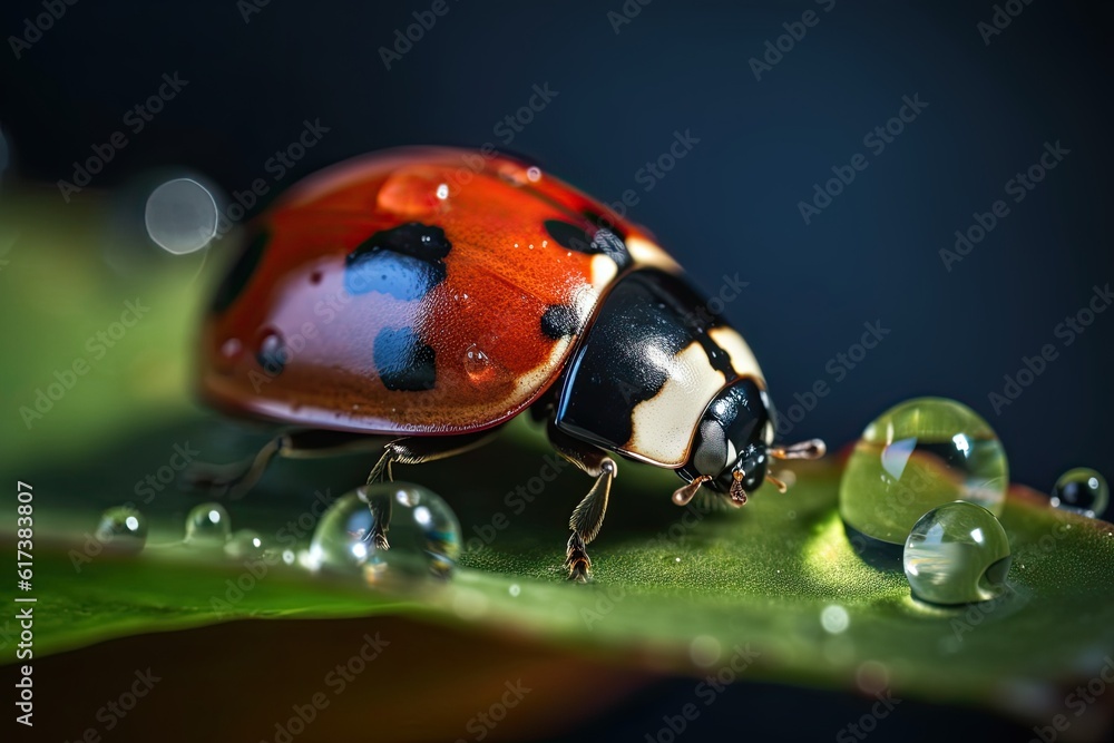 Generative AI illustration of macro close up photo of a ladybug drinks ...