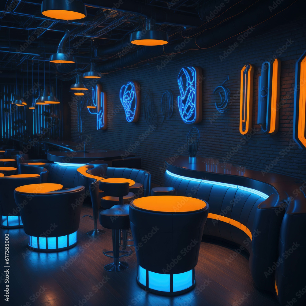 Sci-Fi Futuristic Bar Interior, Cyberpunk Style With Neon Tube Lights ...