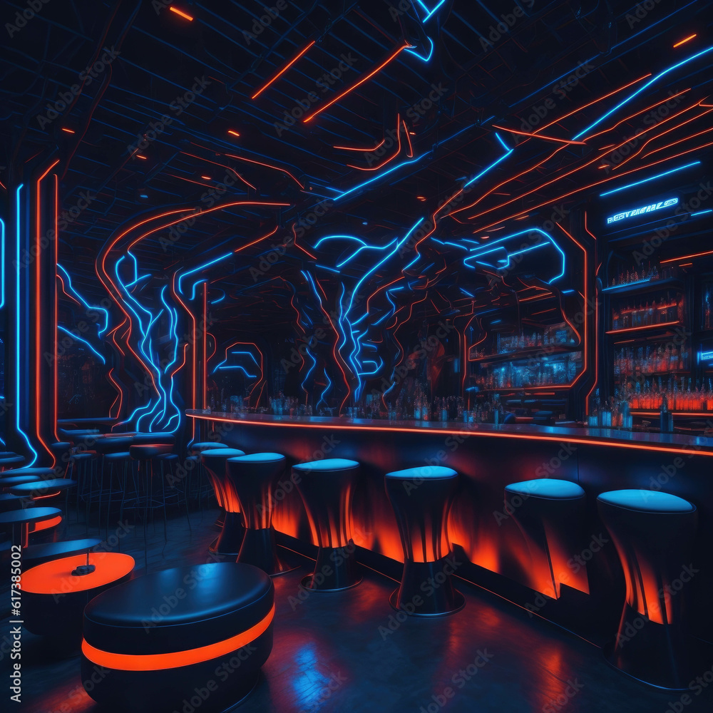 Sci-Fi Futuristic Bar Interior, Cyberpunk Style With Neon Tube Lights ...