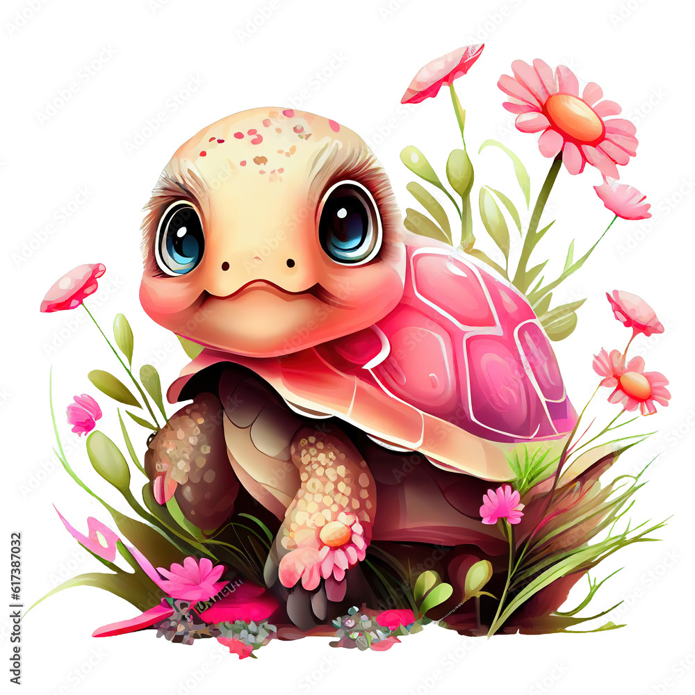 Watercolor Cute Smile Baby Turtle with flower Full Color Sublimation ...
