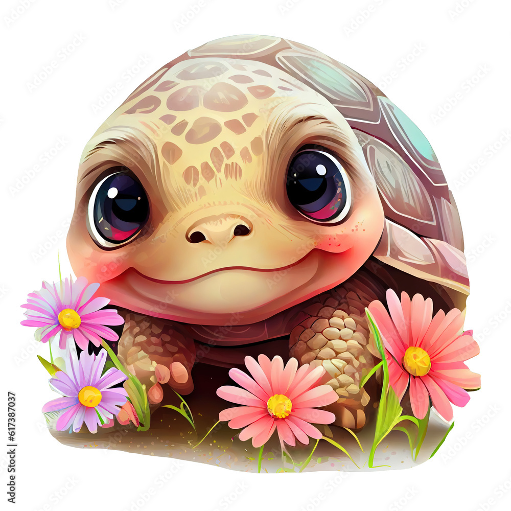 Watercolor Cute Smile Baby Turtle with flower Full Color Sublimation ...