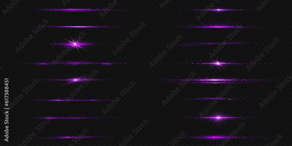 Purple line light glow with sparkle and flare shine. Horizontal violet ...