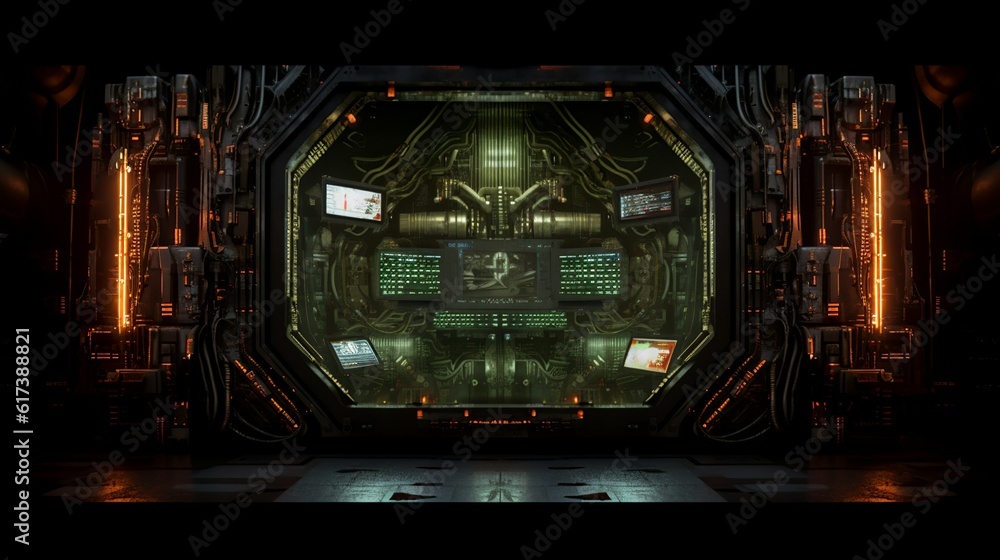Retrofuturistic neon screen and control panel device with consoles and ...
