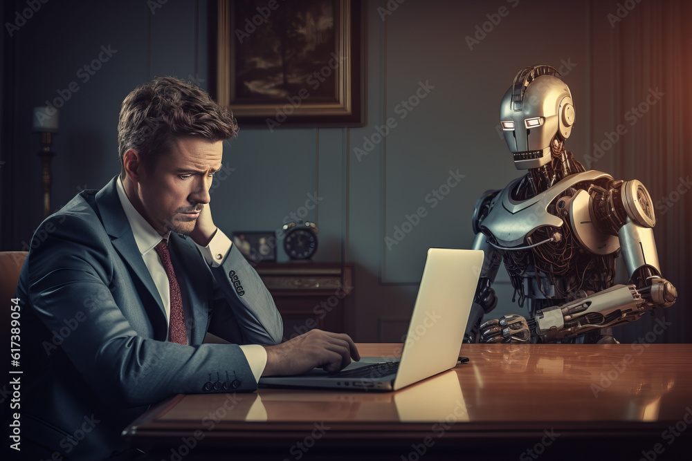 Robot fires man. Boss cyborg kicks out manager. Concept of replacing ...