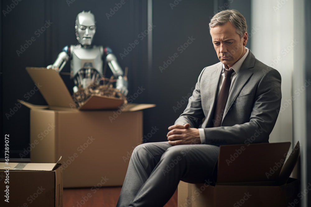 Robot fires man. Boss cyborg kicks out manager. Concept of replacing ...