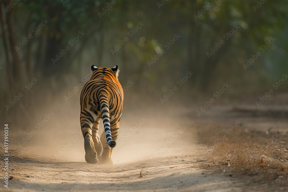 Back view of a beautiful bengal tiger walking on a dirt road in the ...